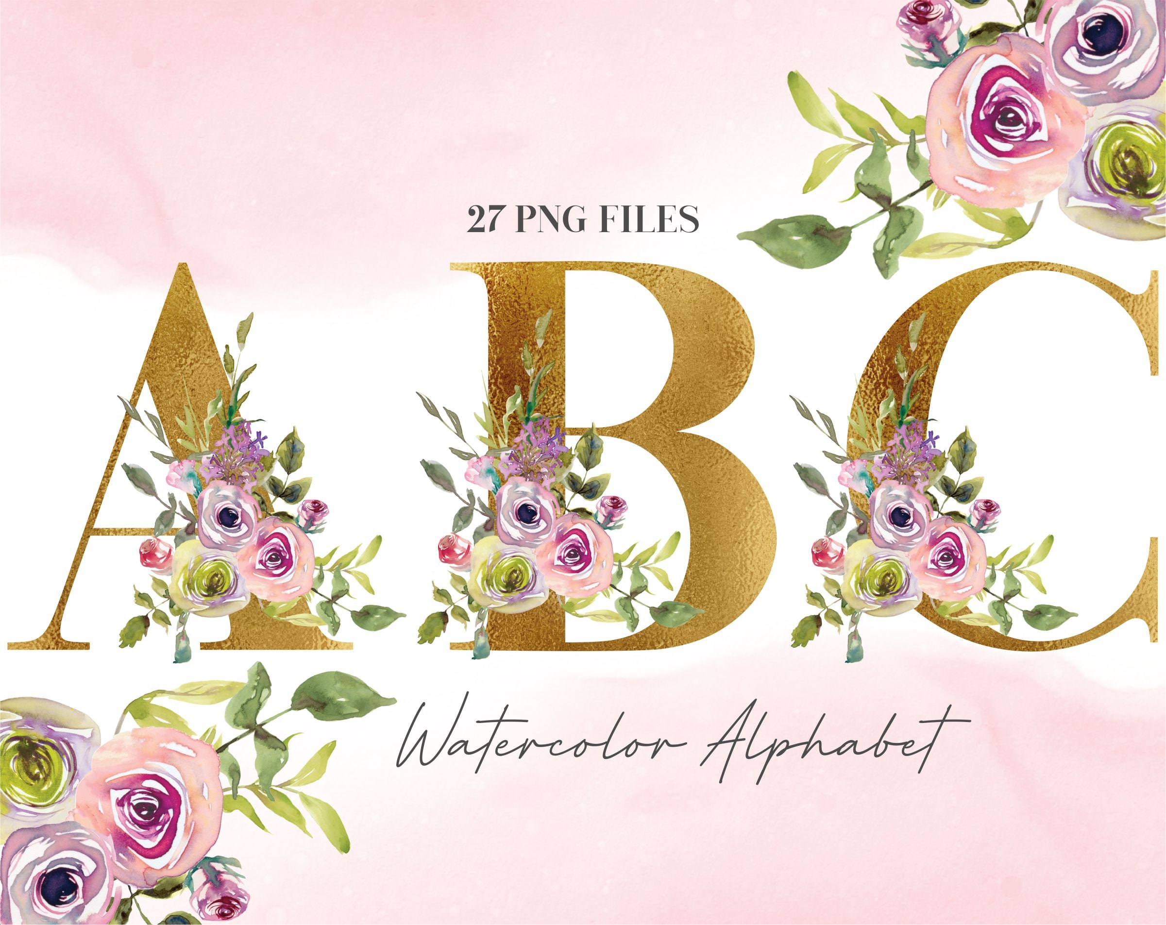 Bundle Watercolor Flowers Alphabet PNG Gold Pink Floral - Etsy