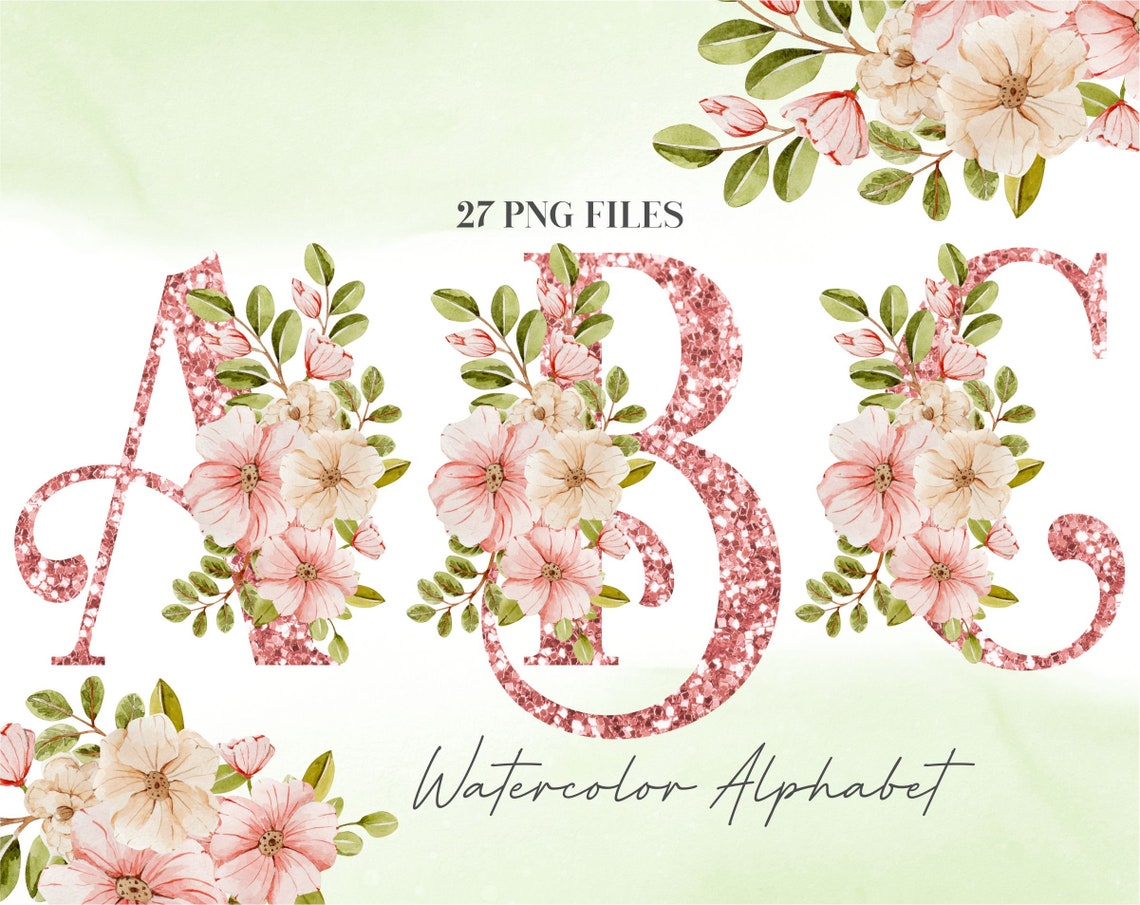 Bundle Watercolor Flowers Alphabet PNG, Rose Gold Alphabet, Transparent ...