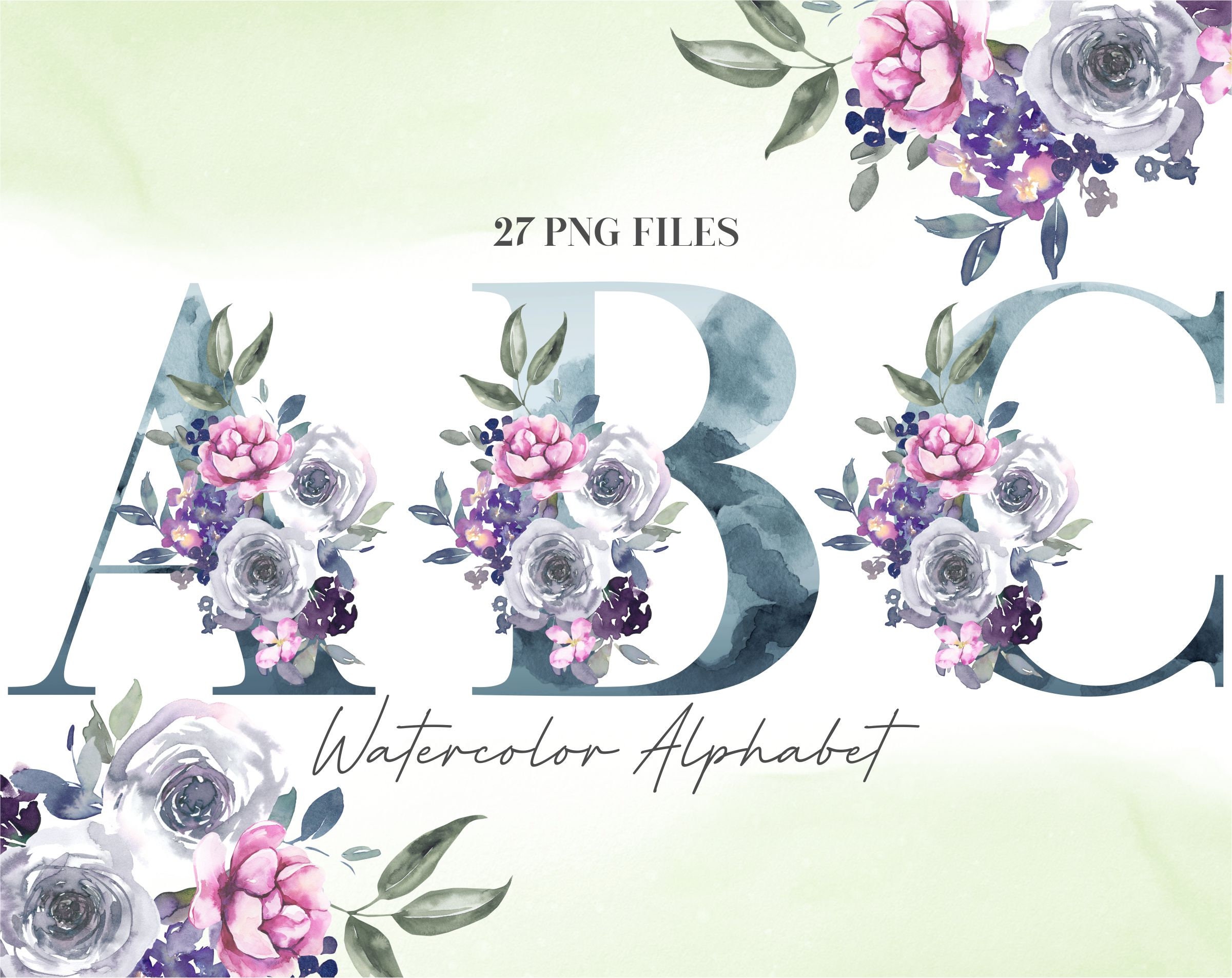 Bundle Watercolor Flowers Alphabet PNG, Indigo Pink Floral Alphabet ...