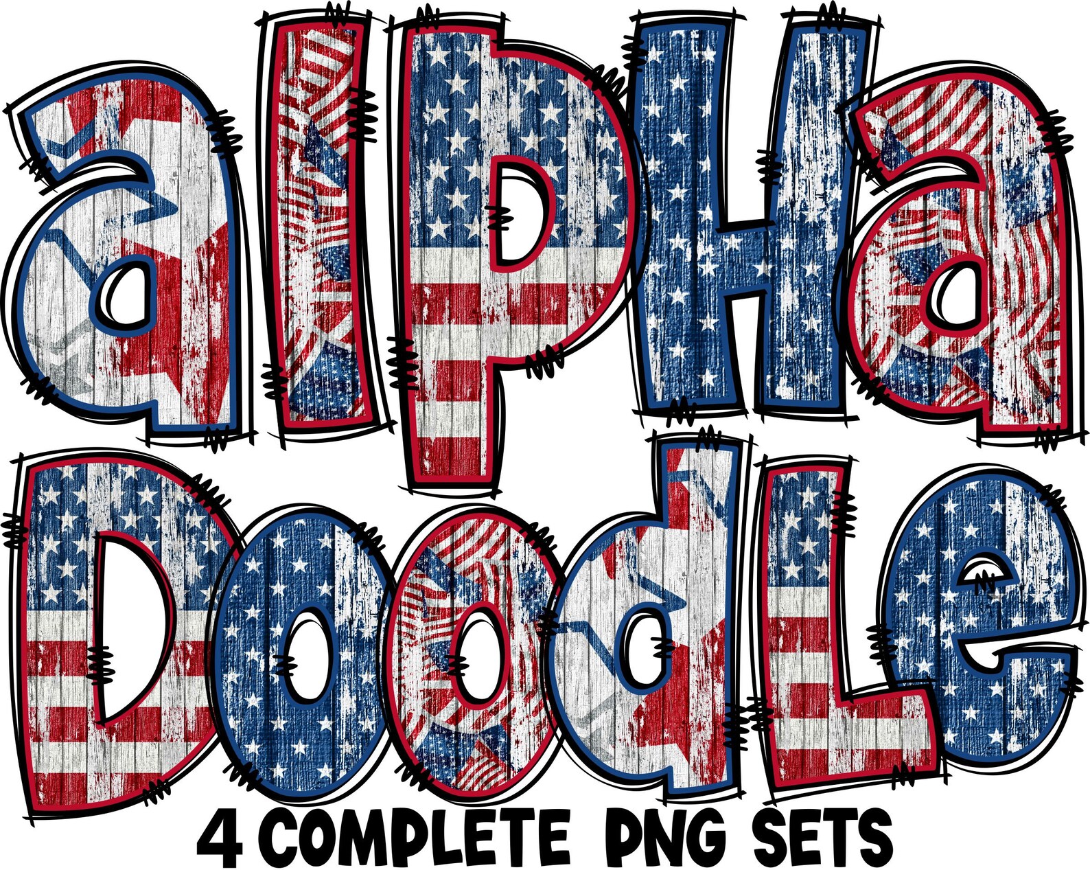 Patriotic Vintage Doodle Letters PNG 4th of July - Etsy