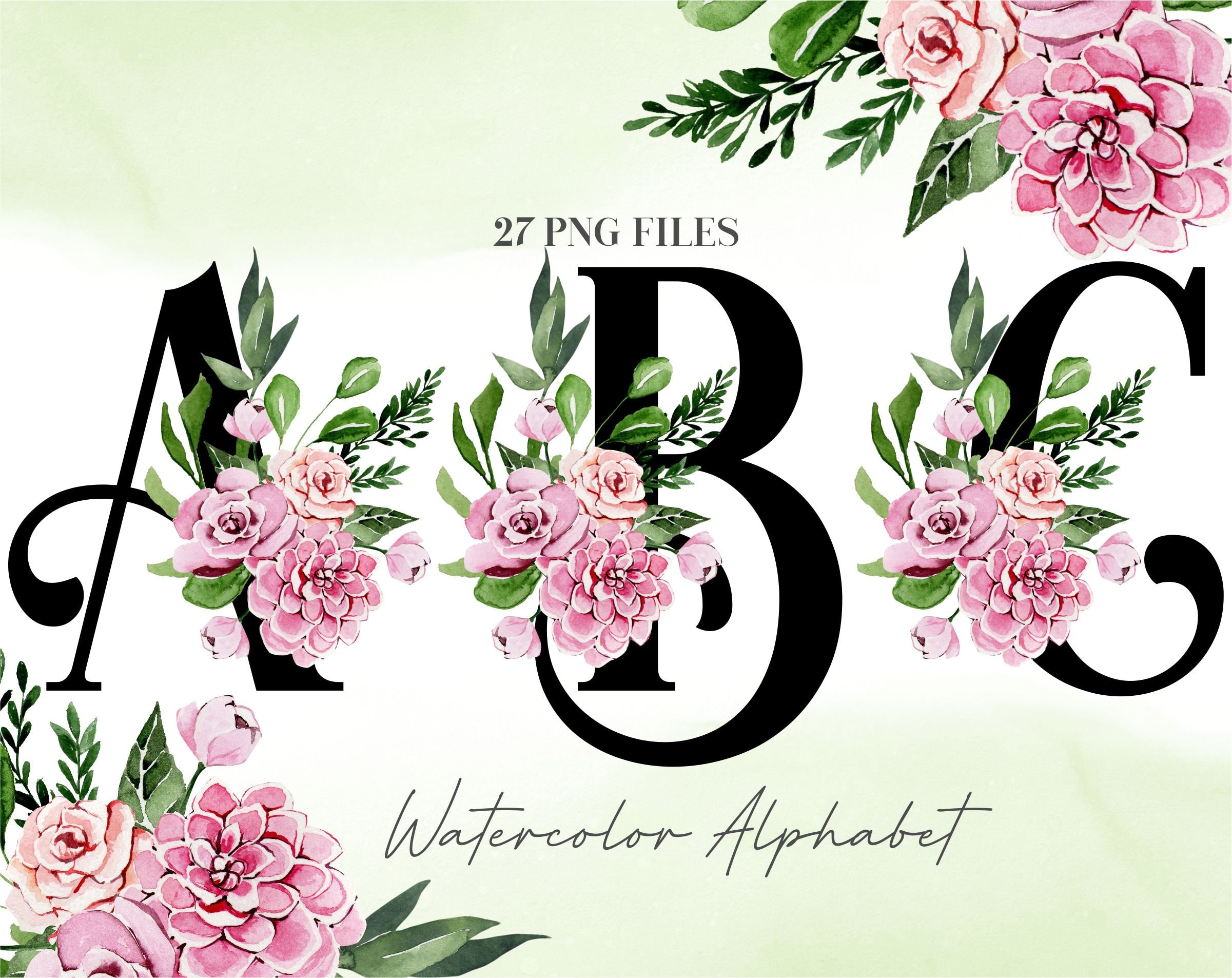 Black Pink Floral Alphabet Clip Art Rose Botanical Uppercase Alphabet ...