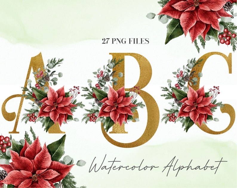 Watercolor Flowers Alphabet PNG, Gold Pink Red Floral Alphabet ...