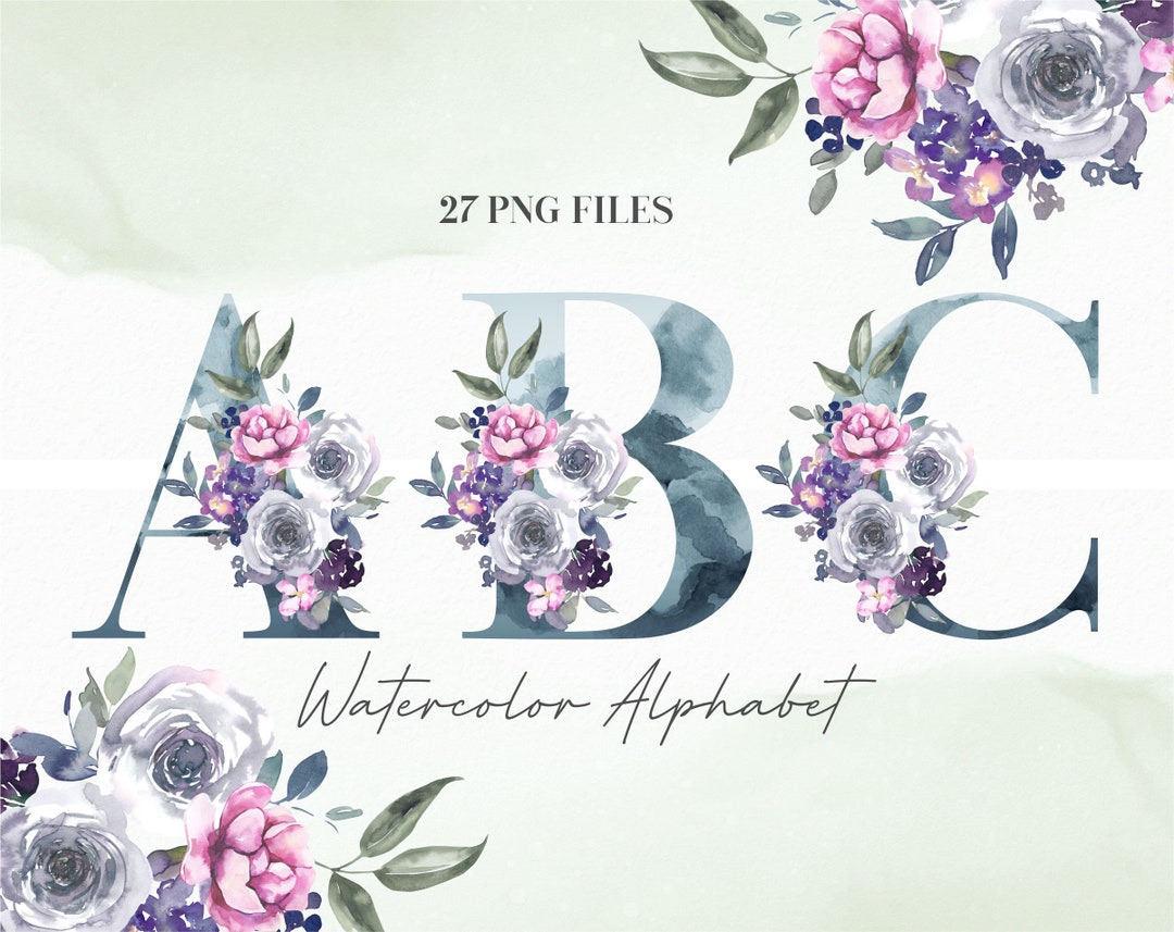 Watercolor Flowers Alphabet PNG, Blue Gray Pink Floral Alphabet ...