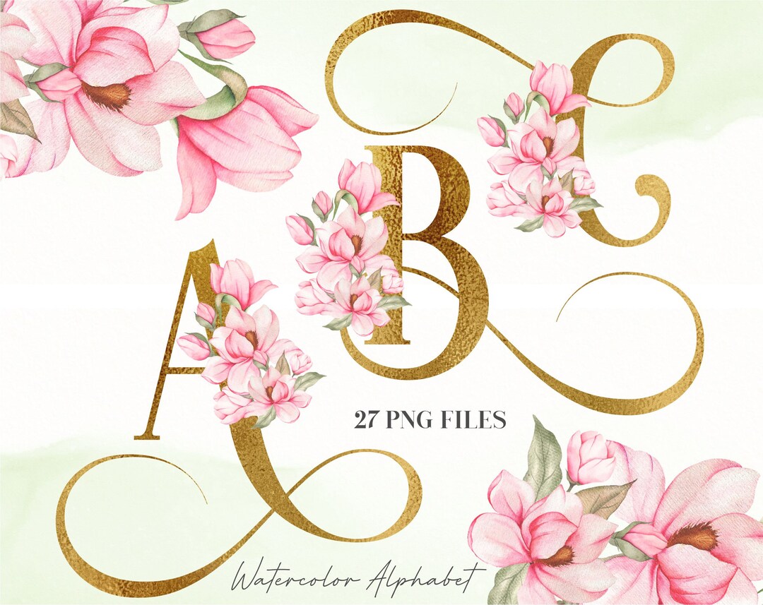 Watercolor Flowers Alphabet PNG, Gold Soft Pink Floral Alphabet Clip ...