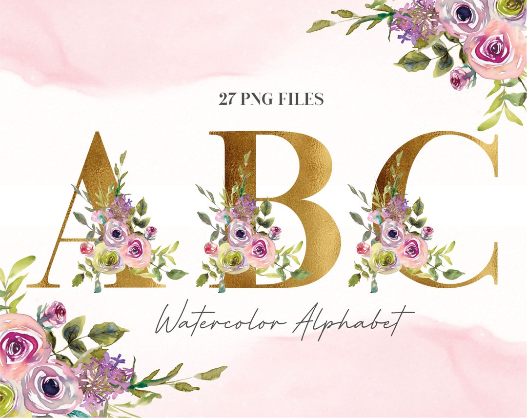 Watercolor Flowers Alphabet PNG, Gold Pink Floral Alphabet, Transparent ...