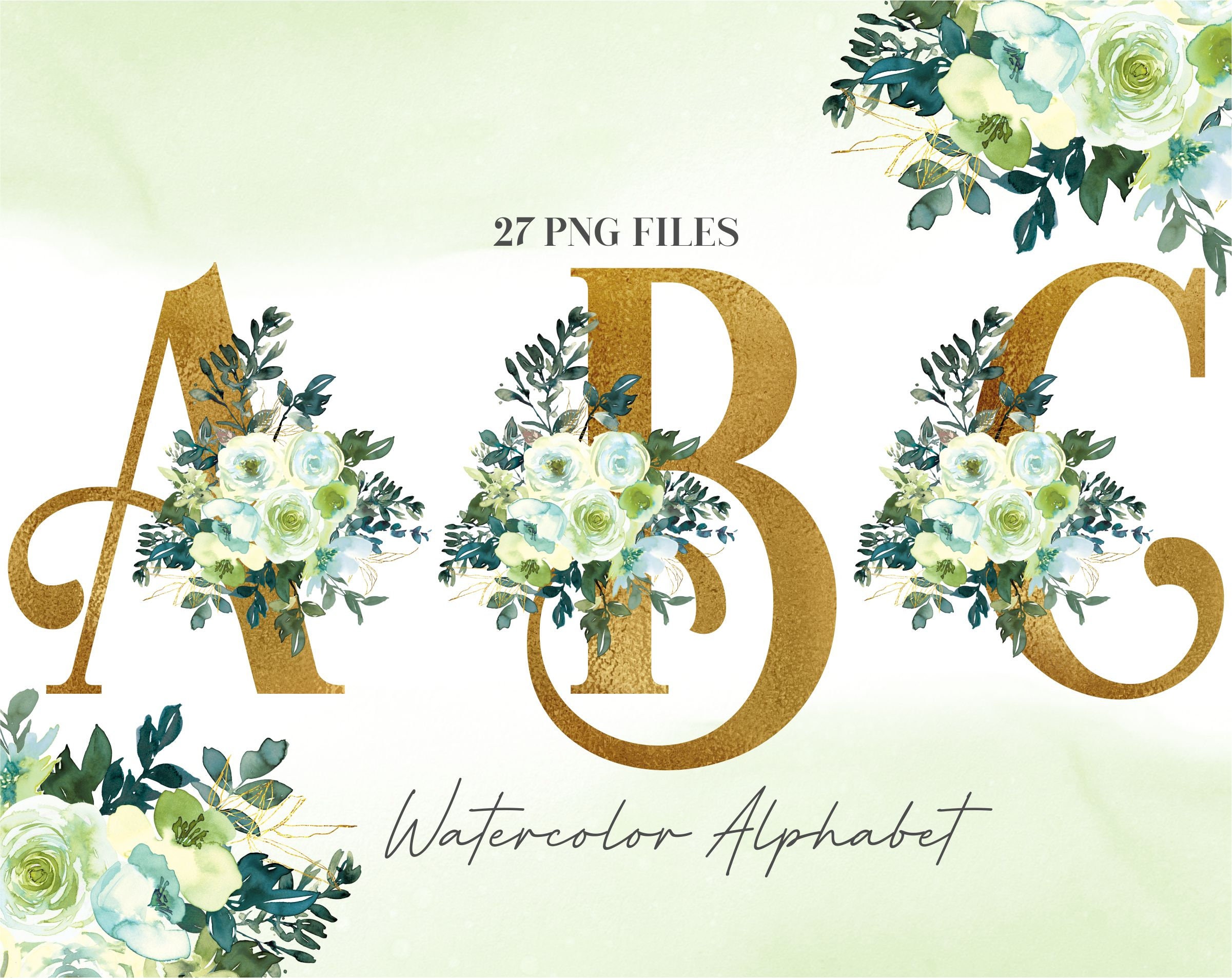 Watercolor Flowers Alphabet PNG Gold Floral Alphabet Clip - Etsy