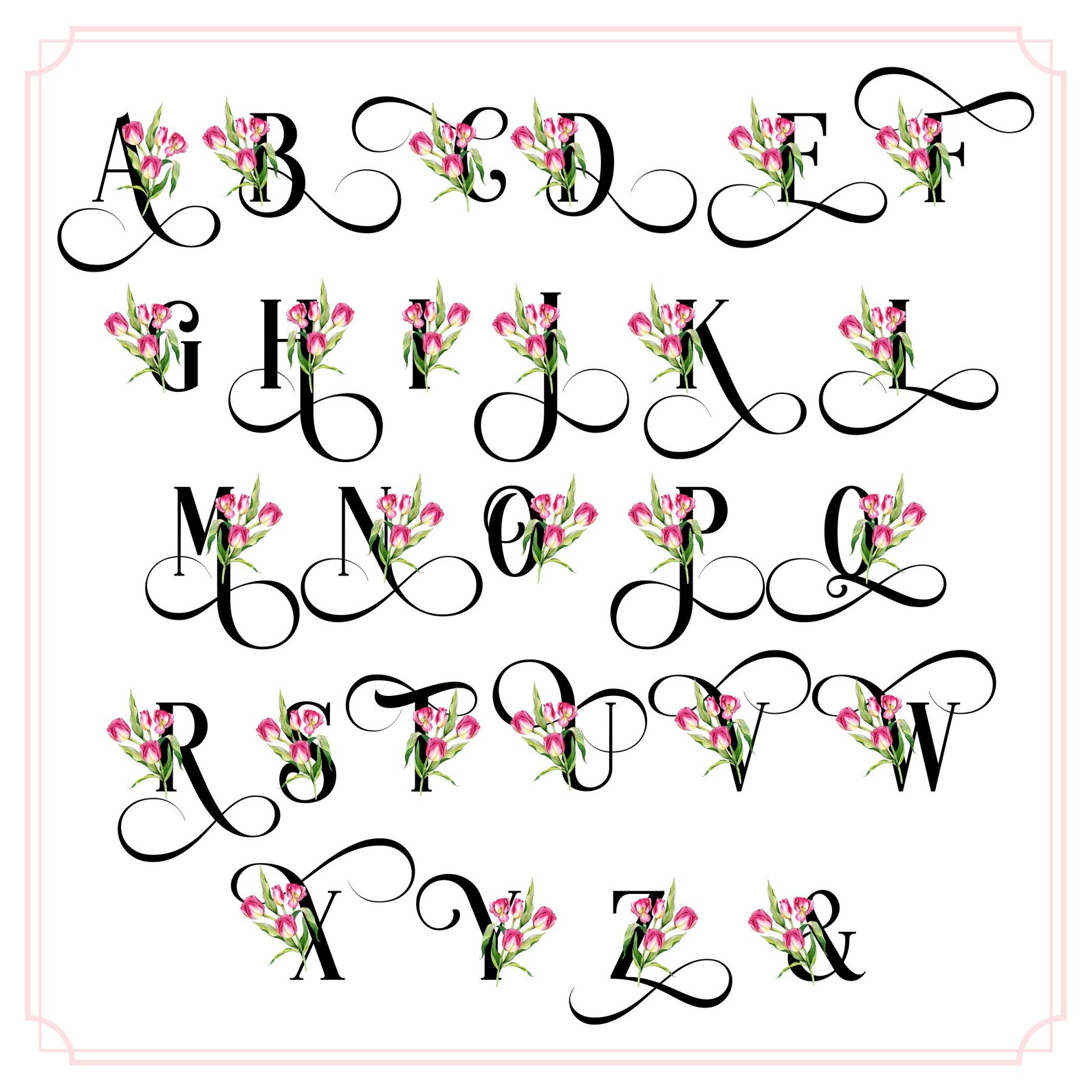 Watercolor Flowers Alphabet PNG Pink Tulips Floral Alphabet - Etsy