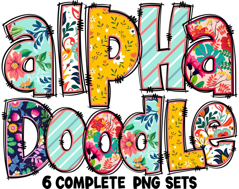 BUNDLE Spring Floral Alphabet PNG, Doodle Alpha, Doodle Flowers, Doodle ...