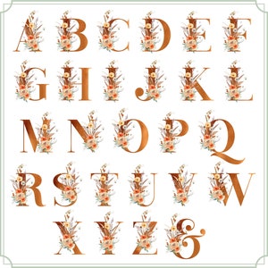 Watercolor Flowers Alphabet PNG, Autumn Gold Pink Floral Alphabet ...