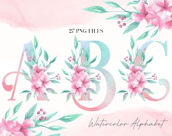 Watercolor Flowers Alphabet PNG Aqua Pink Floral Alphabet | Etsy