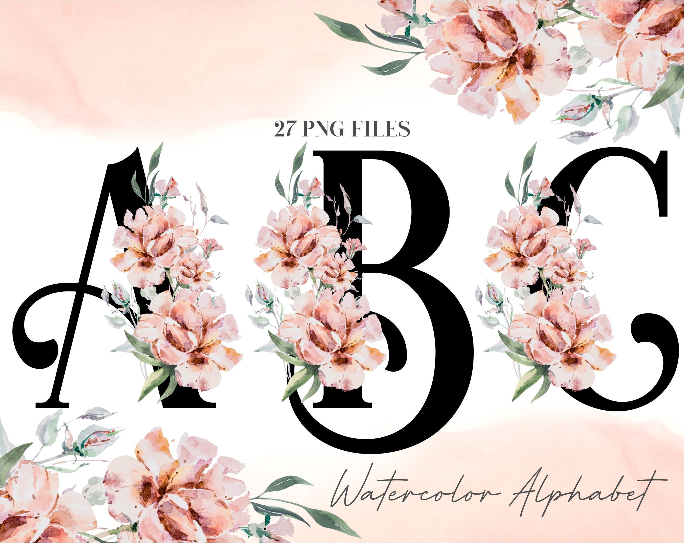 Bundle Watercolor Flowers Alphabet PNG Black Letters Alphabet - Etsy