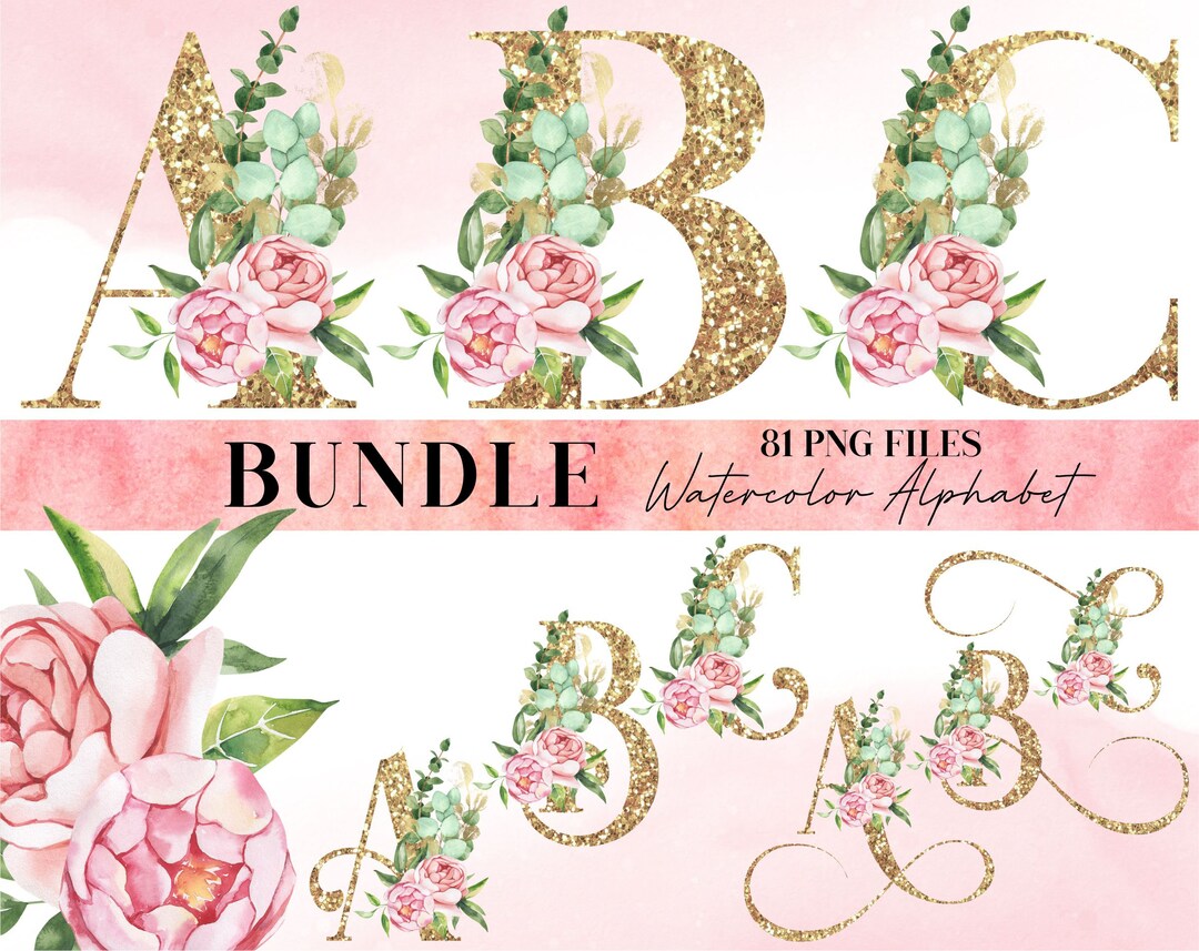Bundle Watercolor Flowers Alphabet PNG, Gold Glitter Alphabet ...