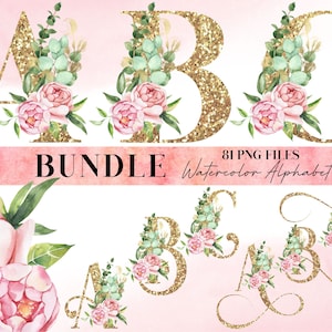 Bundle Watercolor Flowers Alphabet PNG, Gold Glitter Alphabet ...