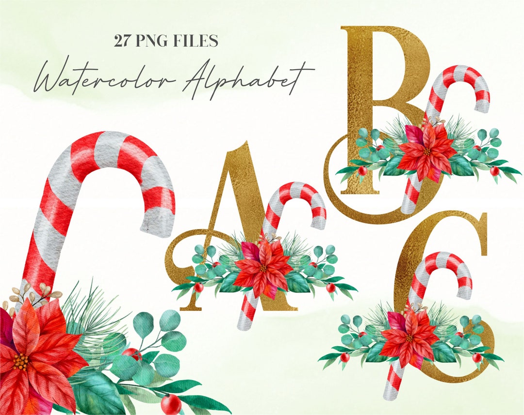 Christmas Watercolor Alphabet PNG, Gold Letters Candy Can Alphabet ...