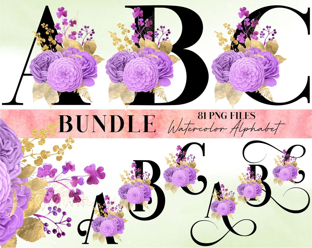Bundle Watercolor Flowers Alphabet PNG, Black Letters Alphabet, PNG ...