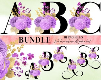 Bundle Watercolor Flowers Alphabet PNG Black Letters Alphabet | Etsy