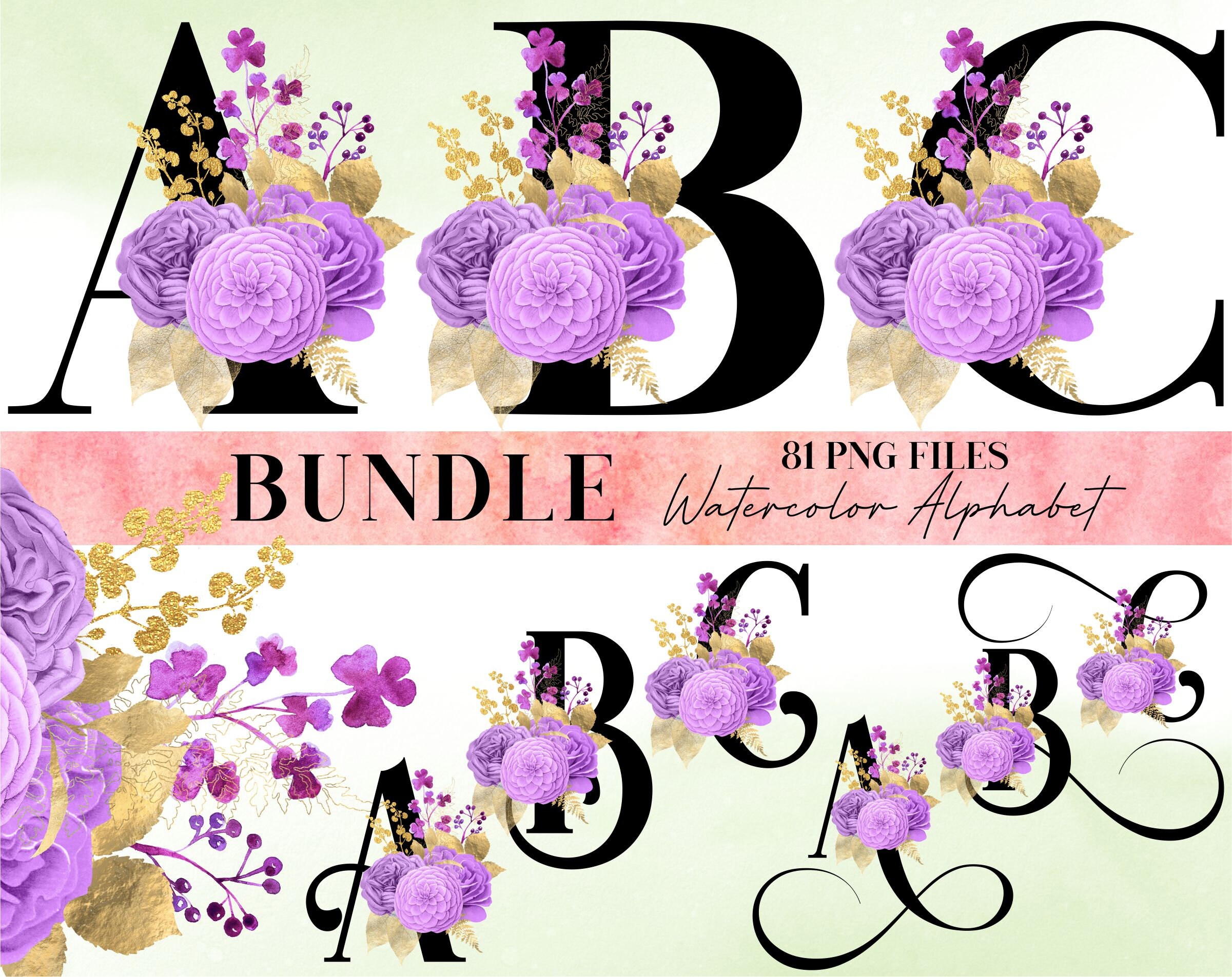Bundle Watercolor Flowers Alphabet PNG Black Letters Alphabet - Etsy