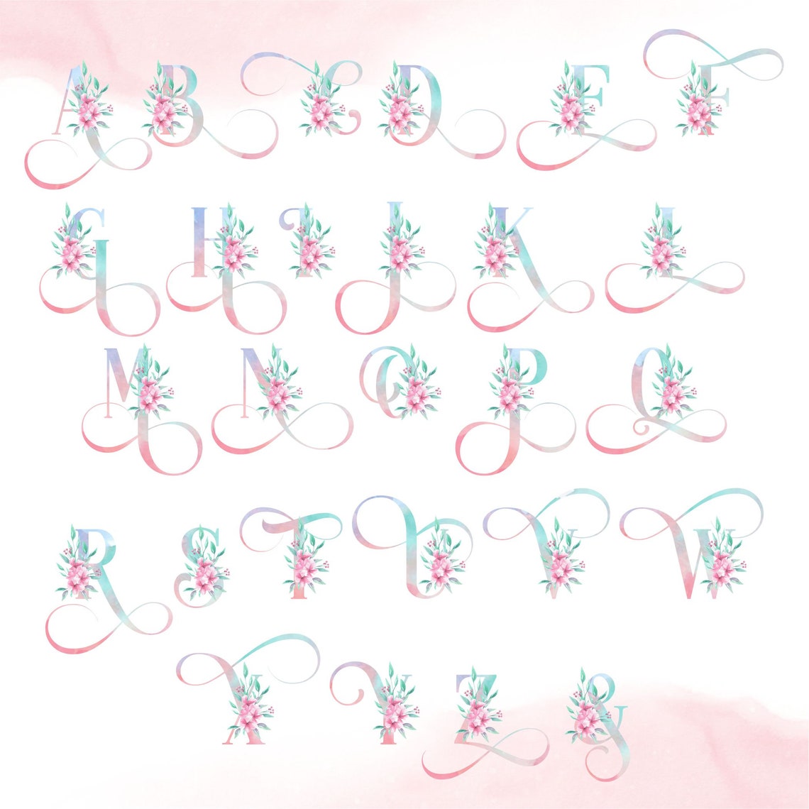 Bundle Watercolor Flowers Alphabet PNG, Pink Aqua Watercolor Alphabet ...