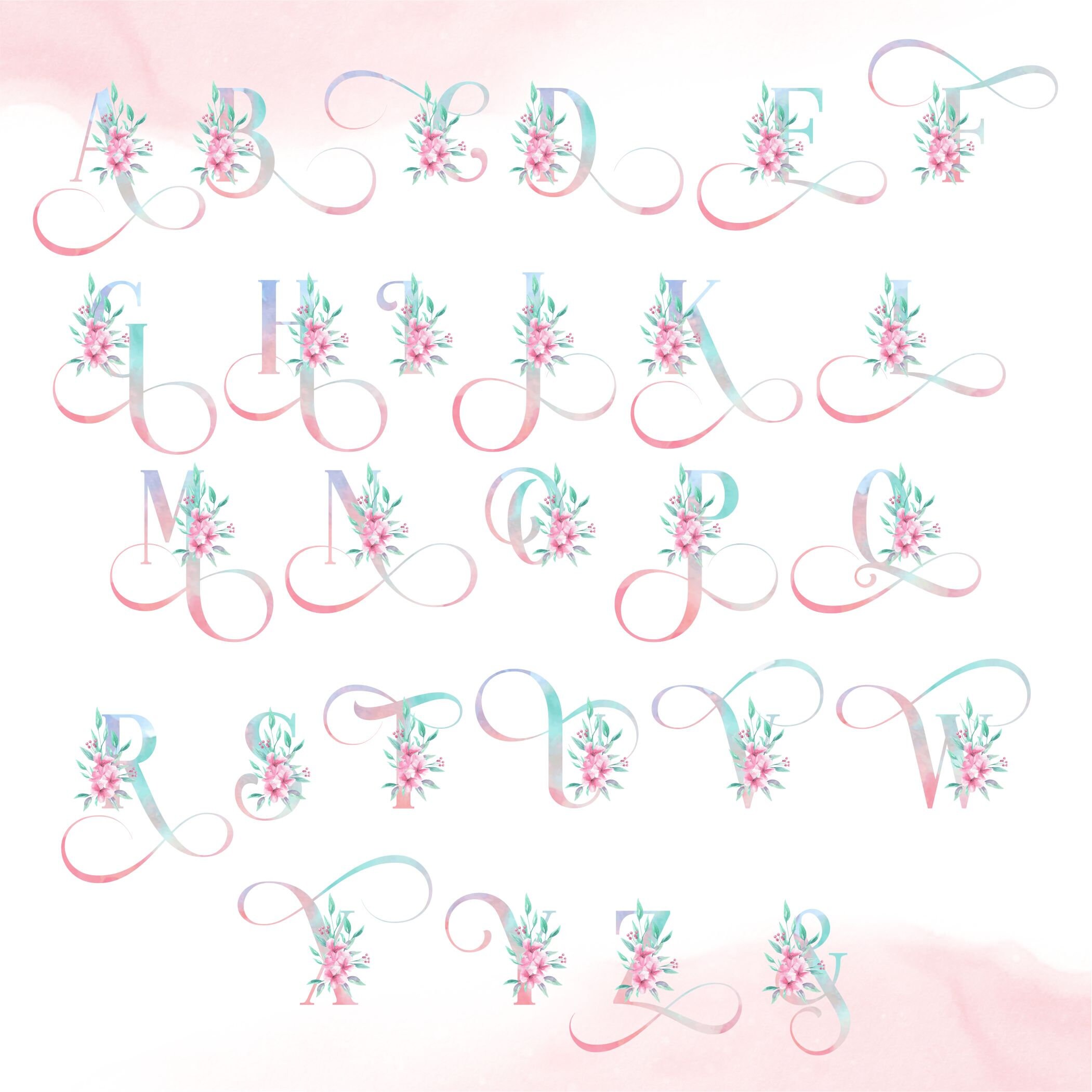 Bundle Watercolor Flowers Alphabet PNG, Pink Aqua Watercolor Alphabet ...