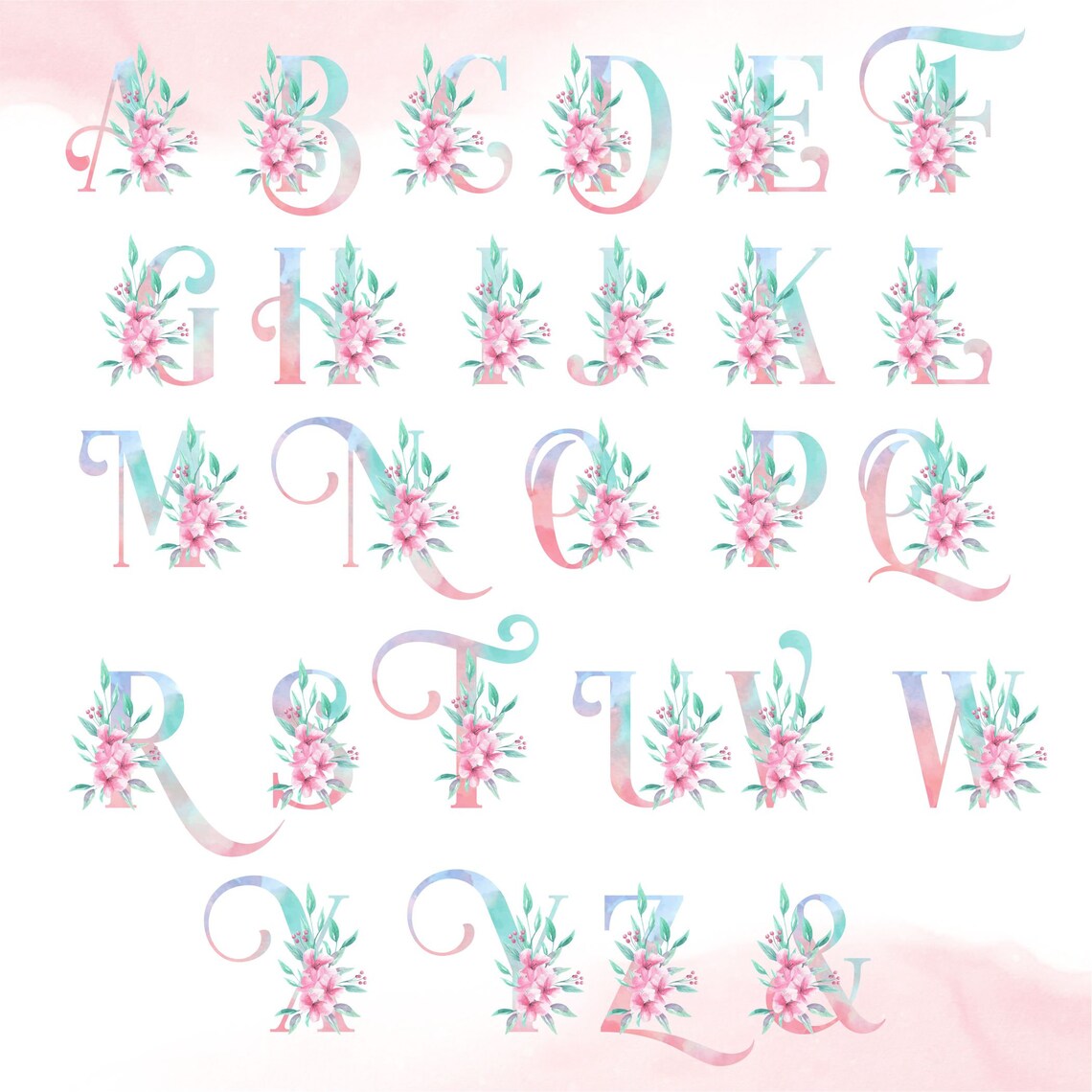 Bundle Watercolor Flowers Alphabet PNG Pink Aqua Watercolor - Etsy