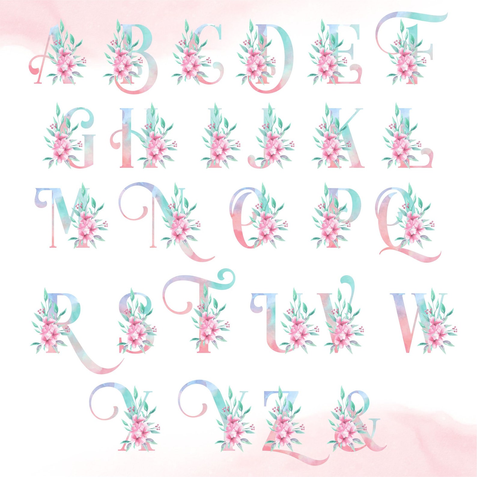 Bundle Watercolor Flowers Alphabet PNG Pink Aqua Watercolor - Etsy