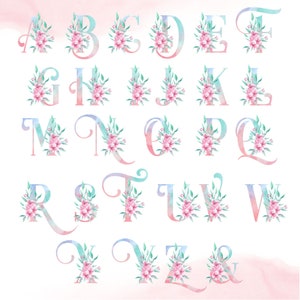 Bundle Watercolor Flowers Alphabet PNG, Pink Aqua Watercolor Alphabet ...