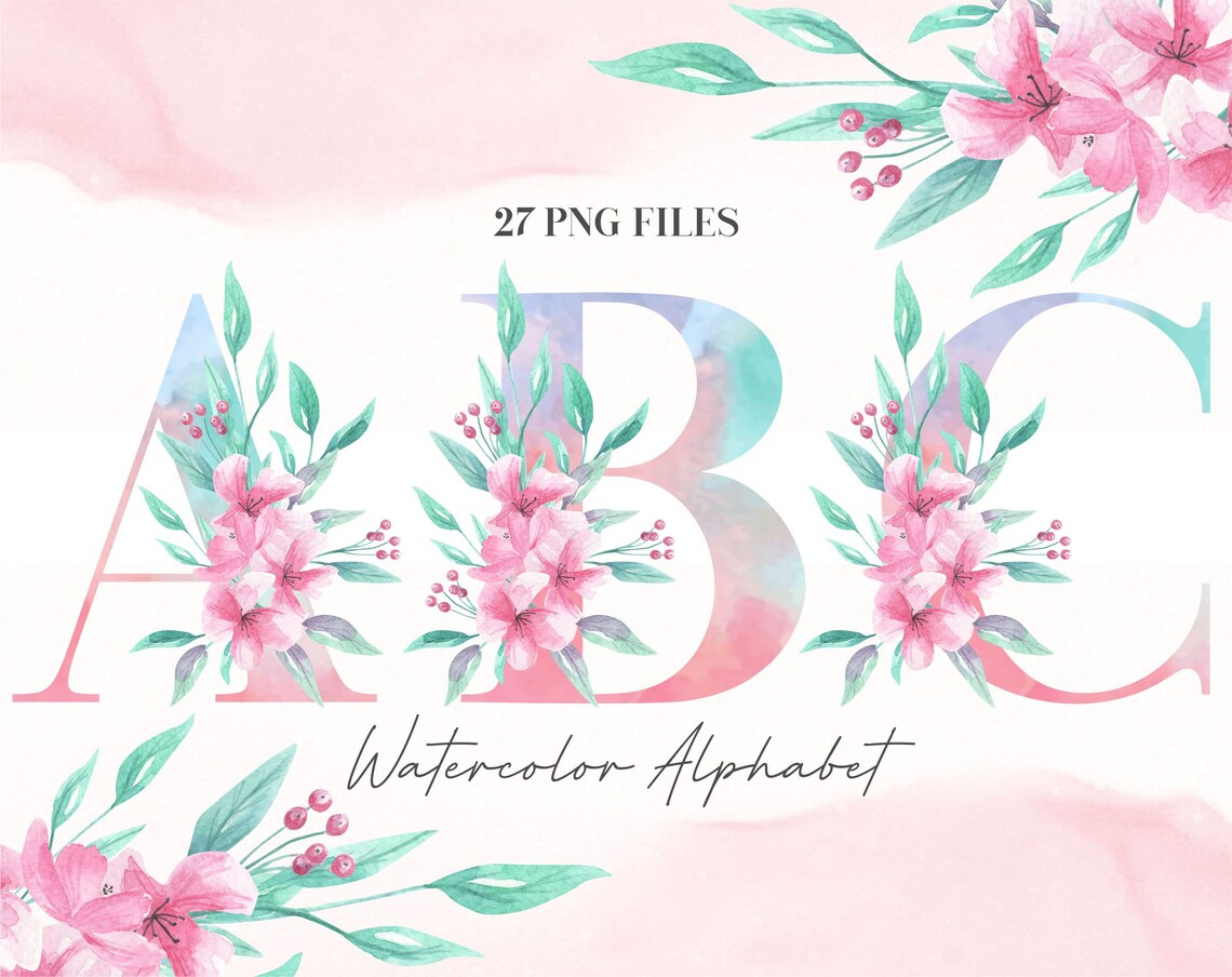Bundle Watercolor Flowers Alphabet PNG Pink Aqua Watercolor - Etsy