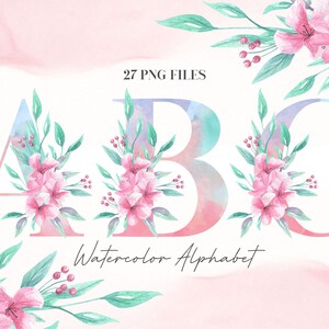 Bundle Watercolor Flowers Alphabet PNG, Pink Aqua Watercolor Alphabet ...