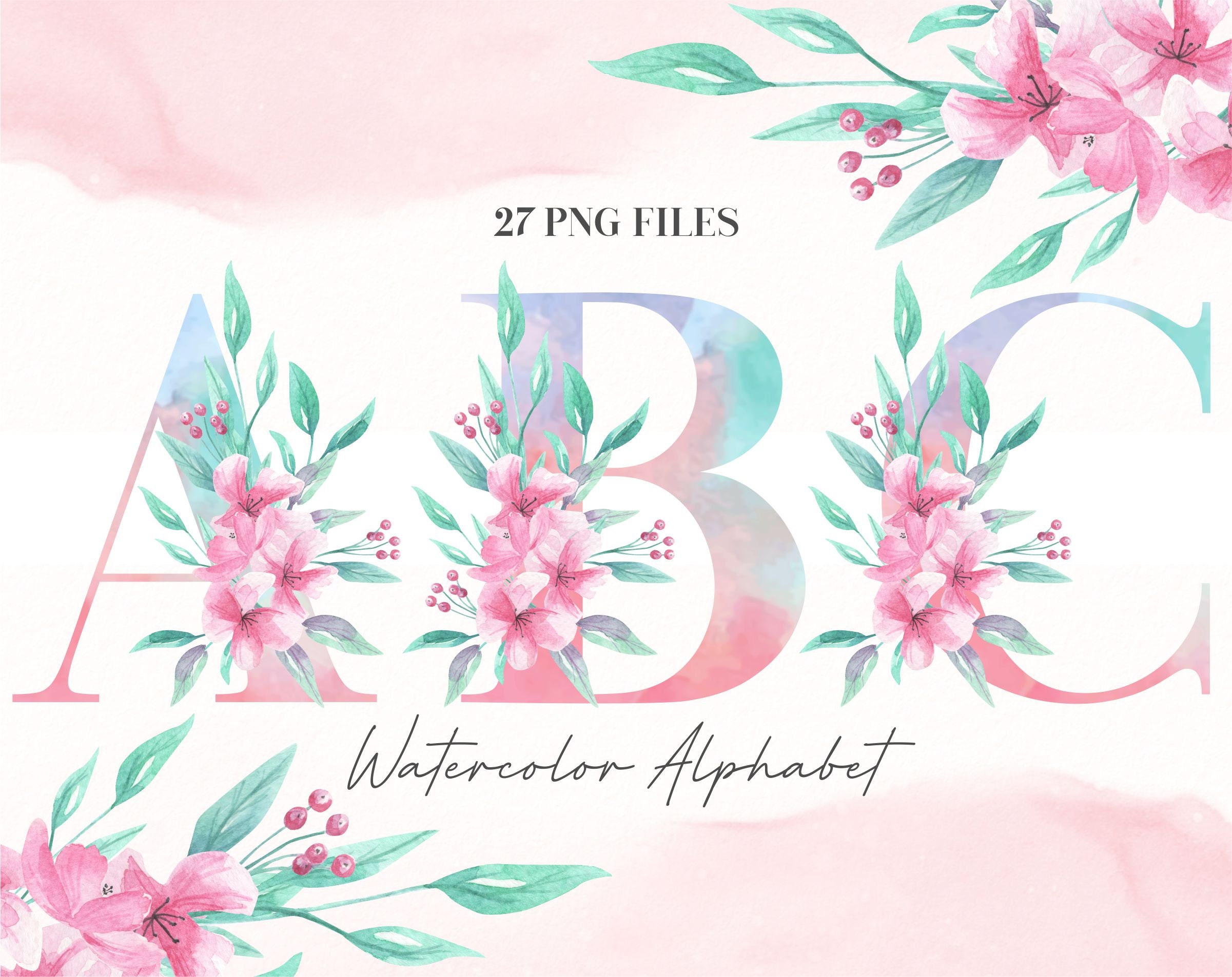 Bundle Watercolor Flowers Alphabet PNG, Pink Aqua Watercolor Alphabet ...