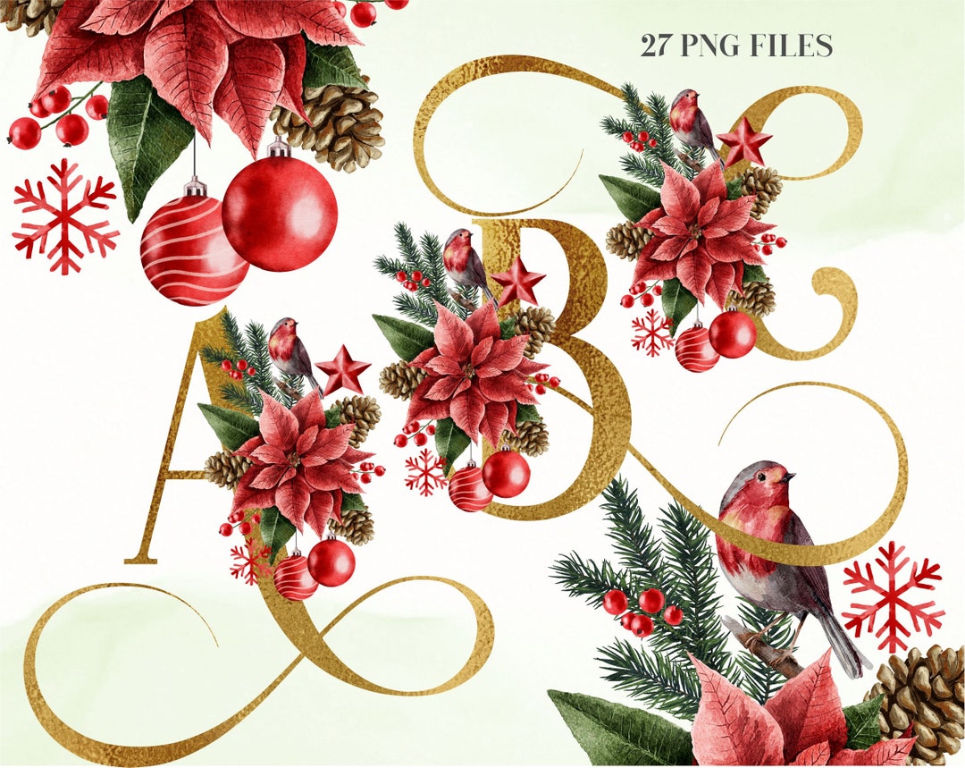 Christmas Watercolor Flowers Alphabet PNG, Gold Red Green Floral ...