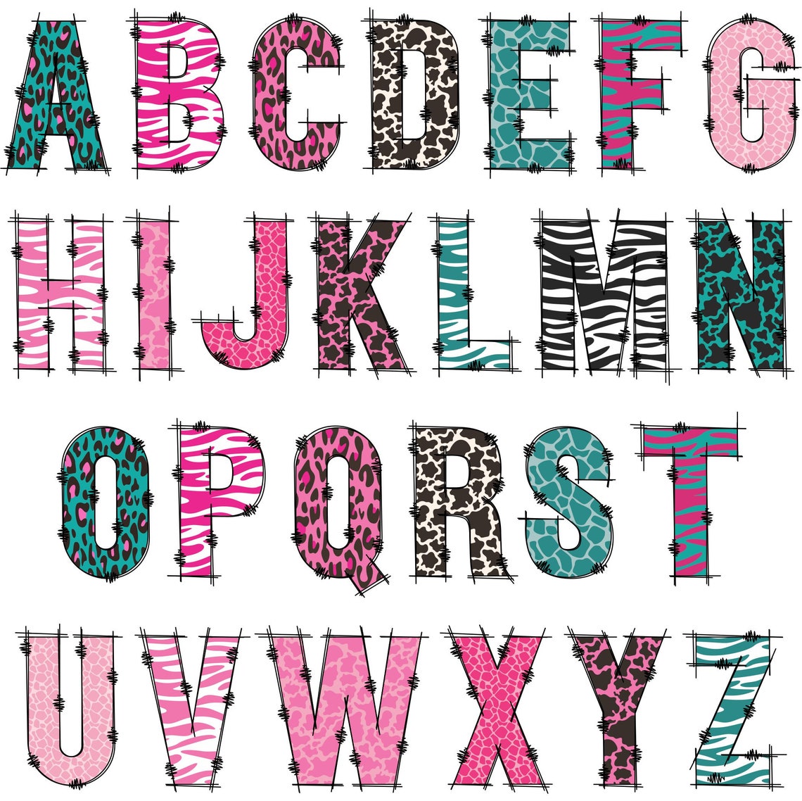 Animal Print Alphabet PNG Doodle Alphabet Clip Art - Etsy