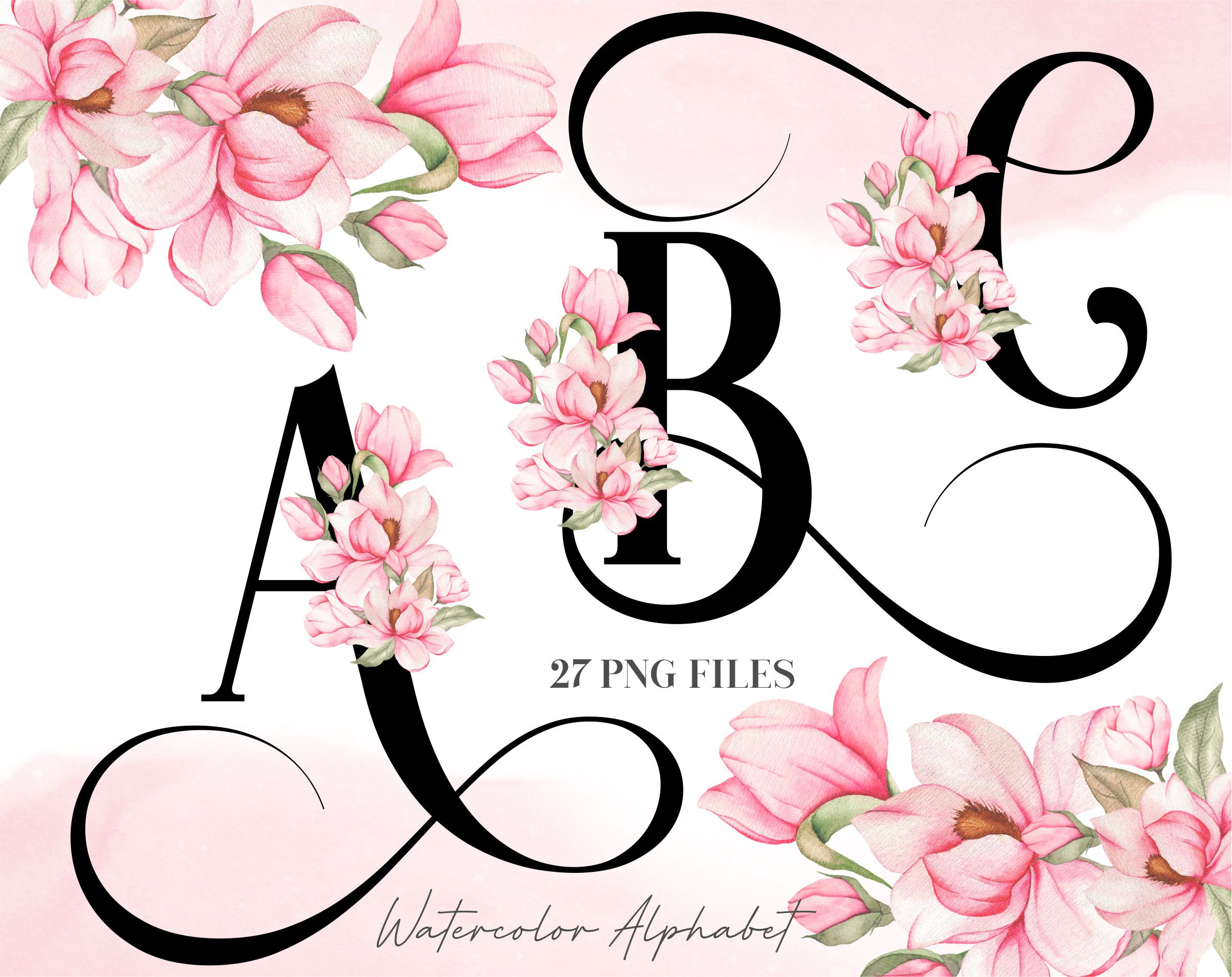 Black Pink Floral Alphabet Clip Art Rose Botanical Uppercase Alphabet ...