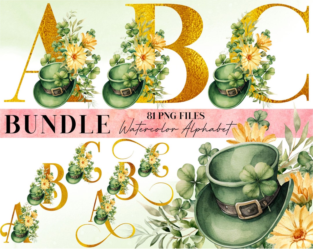 St Patrick's Day Letters PNG, Watercolor Flowers, St Patrick's Gold ...