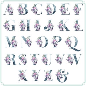 Watercolor Flowers Alphabet PNG, Blue Gray Pink Floral Alphabet ...