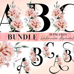Bundle Watercolor Flowers Alphabet PNG, Black Letters Alphabet ...