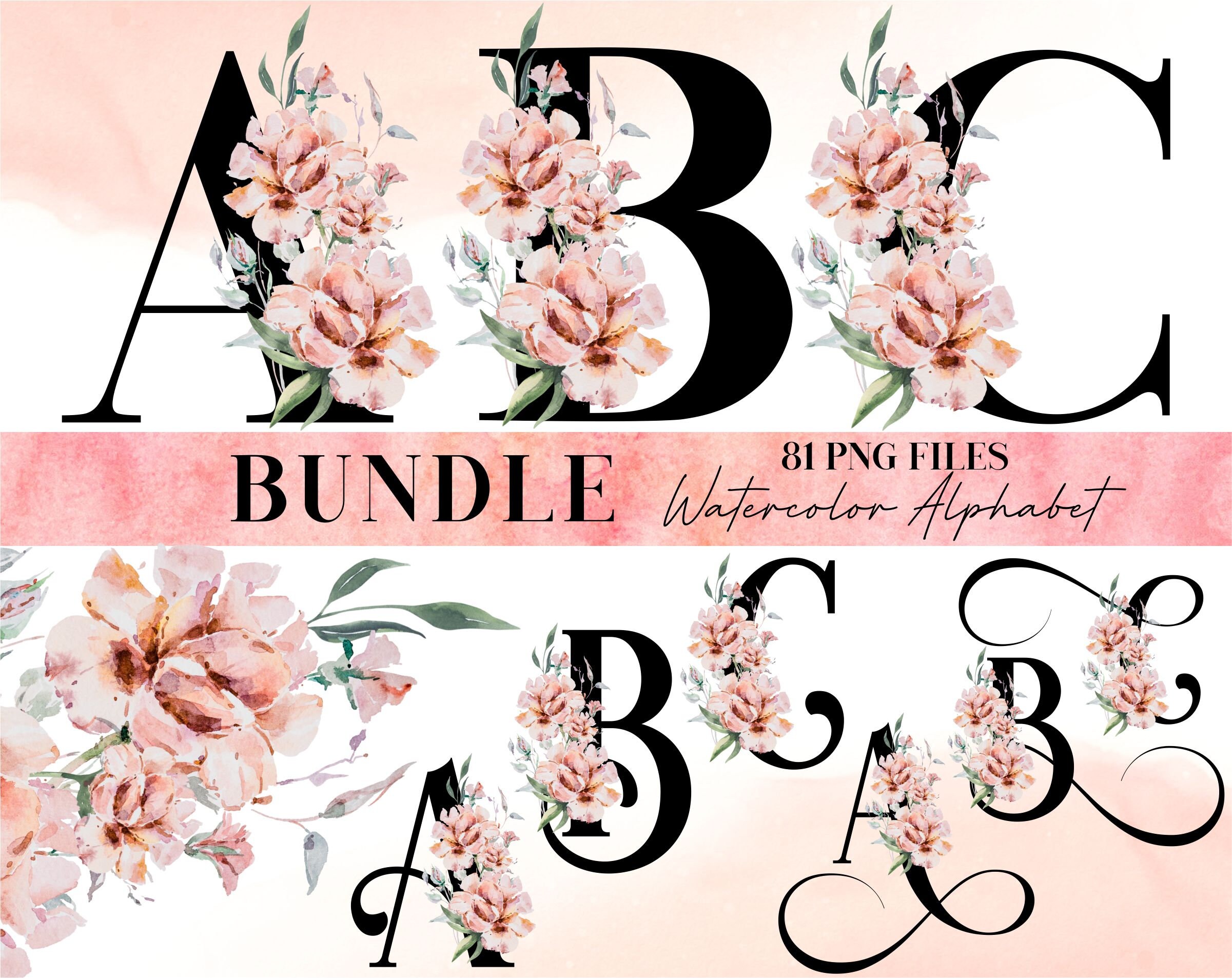 Bundle Watercolor Flowers Alphabet PNG Black Letters Alphabet - Etsy