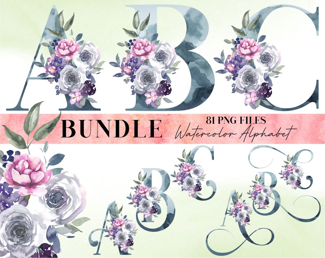 Bundle Watercolor Flowers Alphabet PNG, Indigo Pink Floral Alphabet ...