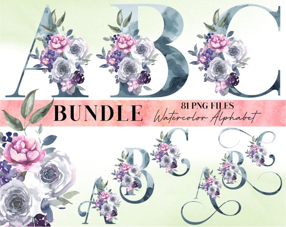 Bundle Watercolor Flowers Alphabet PNG Indigo Pink Floral | Etsy