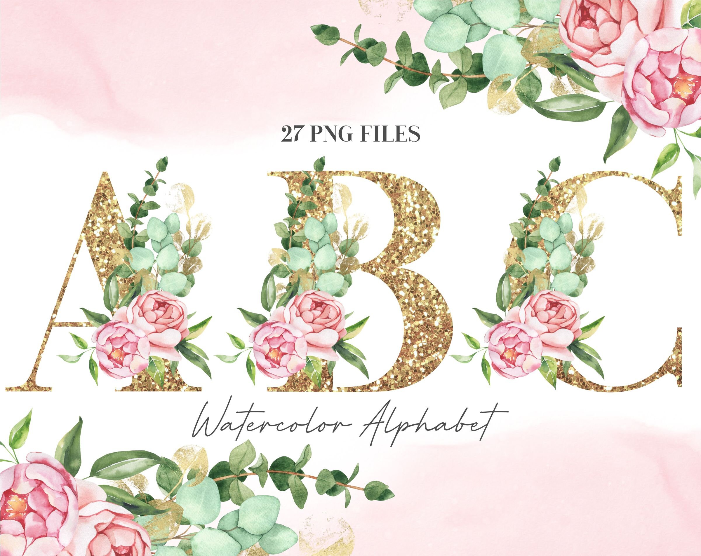 Bundle Watercolor Flowers Alphabet PNG, Gold Glitter Alphabet ...