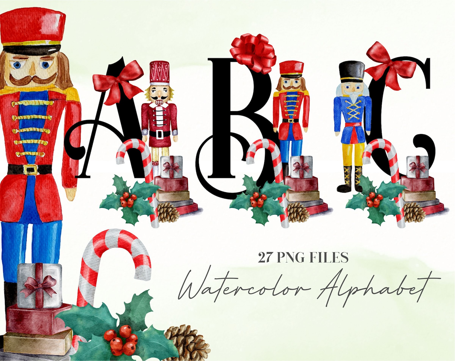 Christmas Watercolor Alphabet PNG Nutcracker Candy Can - Etsy