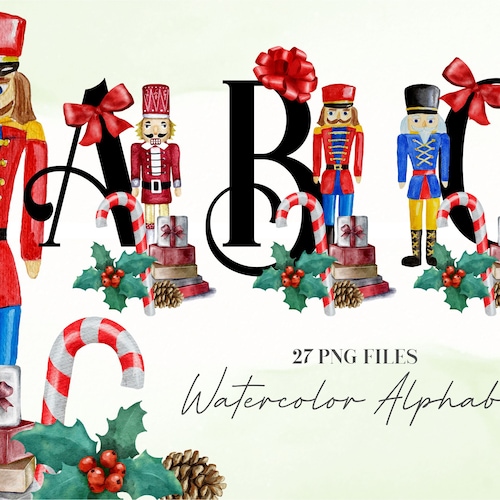 Christmas Watercolor Alphabet PNG Nutcracker Candy Can - Etsy