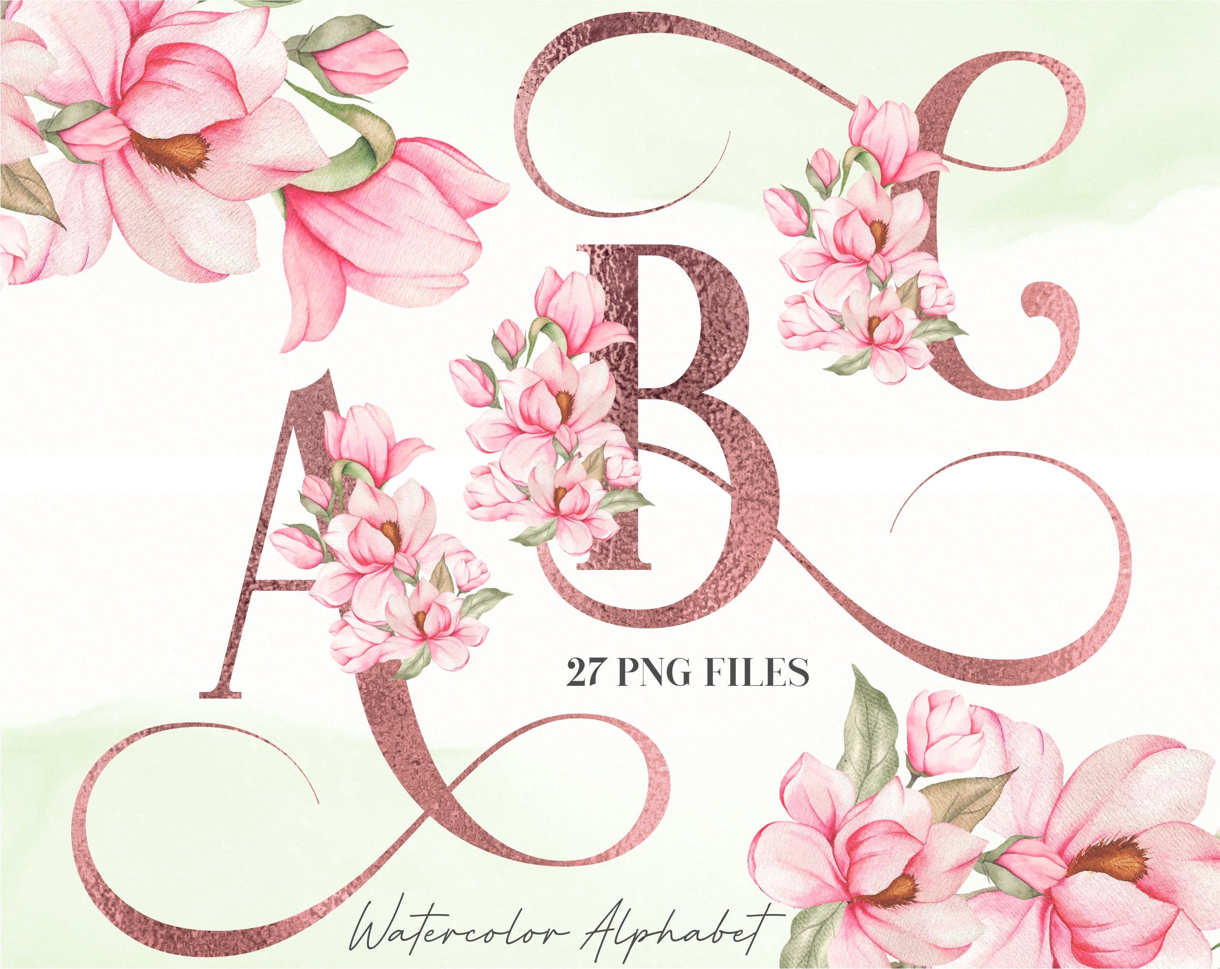 Bundle Watercolor Flowers Alphabet PNG, Rose Gold Letters Alphabet ...