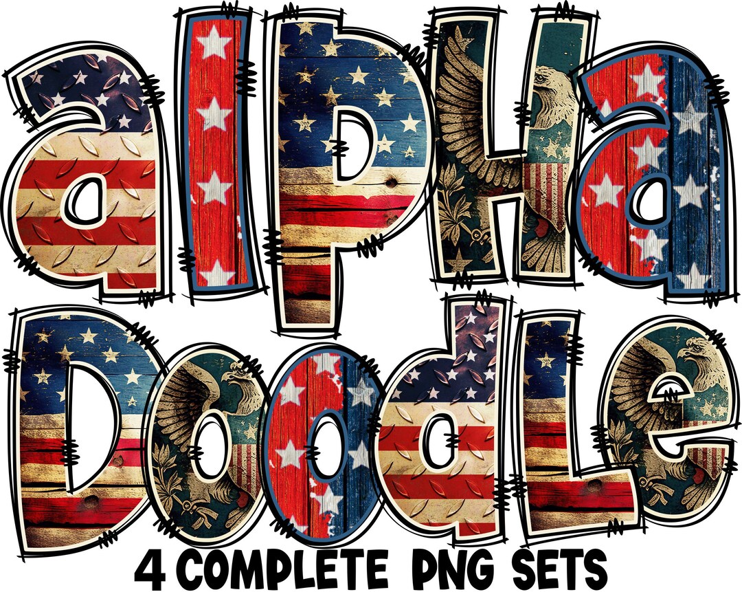 Patriotic Vintage Doodle Letters Alphabet PNG, 4th of July ...