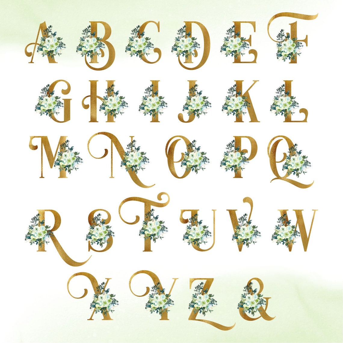 Watercolor Flowers Alphabet PNG Gold Floral Alphabet Clip - Etsy