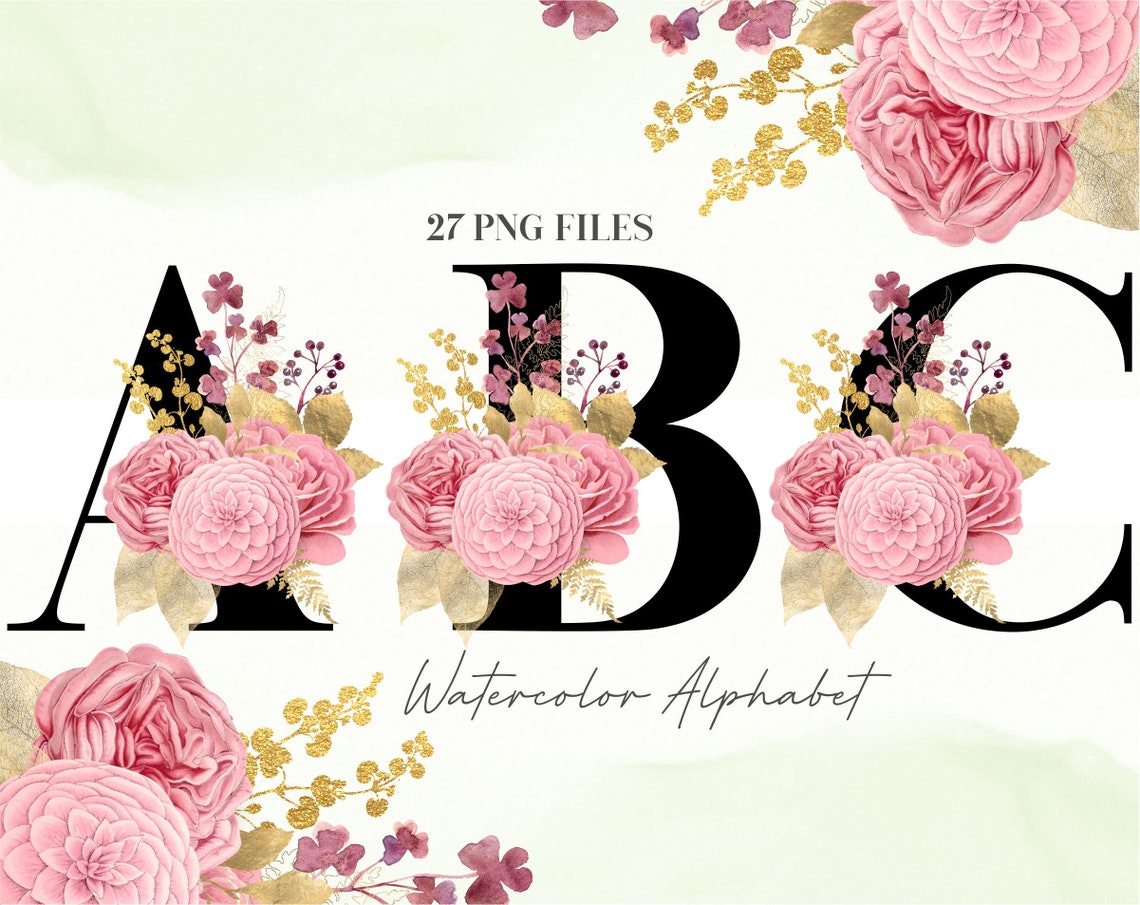 Bundle Watercolor Flowers Alphabet PNG Black Letters Alphabet | Etsy