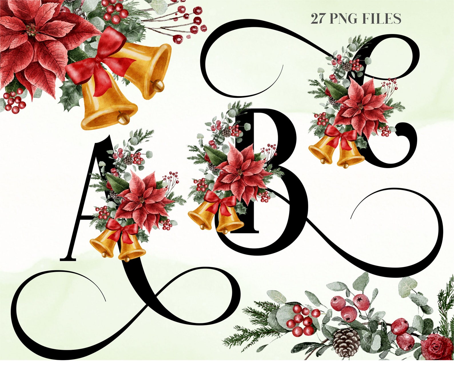 Christmas Watercolor Flowers Alphabet PNG Black Red Floral - Etsy