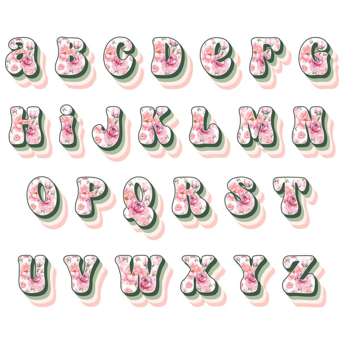 Retro Spring Floral Alphabet PNG Retro Drop Shadowed Doodle - Etsy