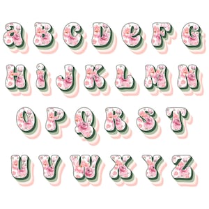 Retro Spring Floral Alphabet PNG, Retro Drop Shadowed Doodle Alpha ...