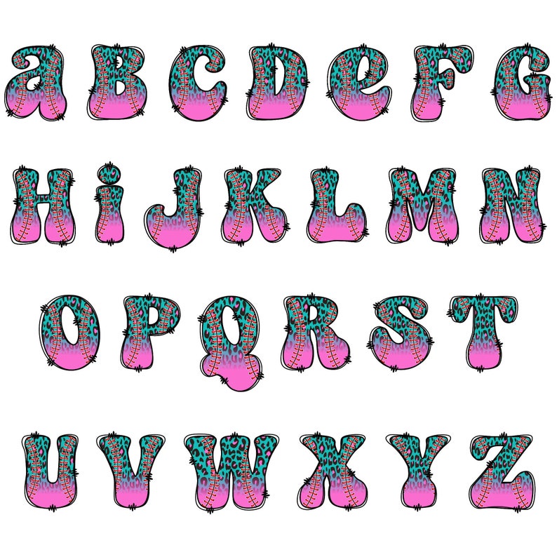 Baseball Letters PNG Leopard Doodle Alpha Pink Turquoise - Etsy