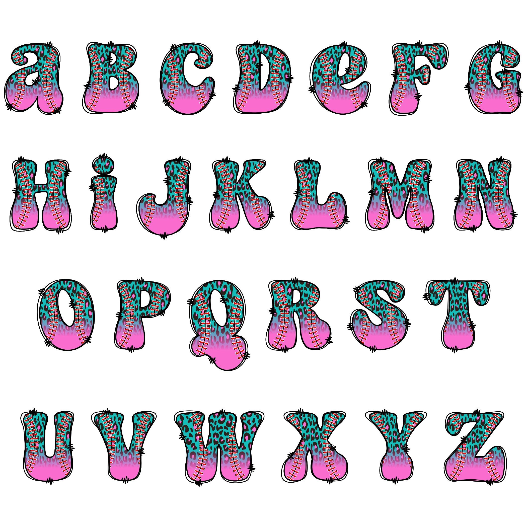 Baseball Letters PNG Leopard Doodle Alpha Pink Turquoise - Etsy